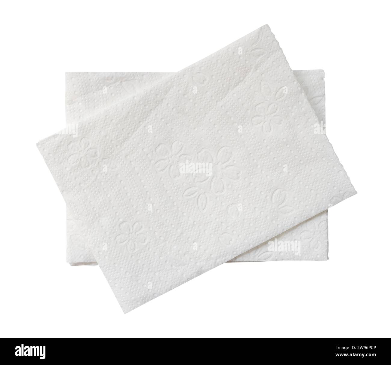 Top view of two folded pieces of white tissue paper or napkin in stack ...