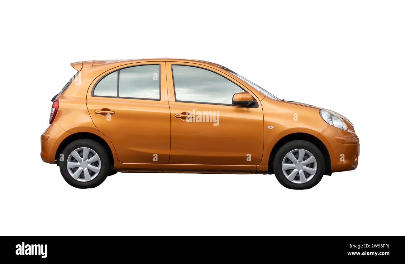 Single lovely small orange car is isolated on white background with ...