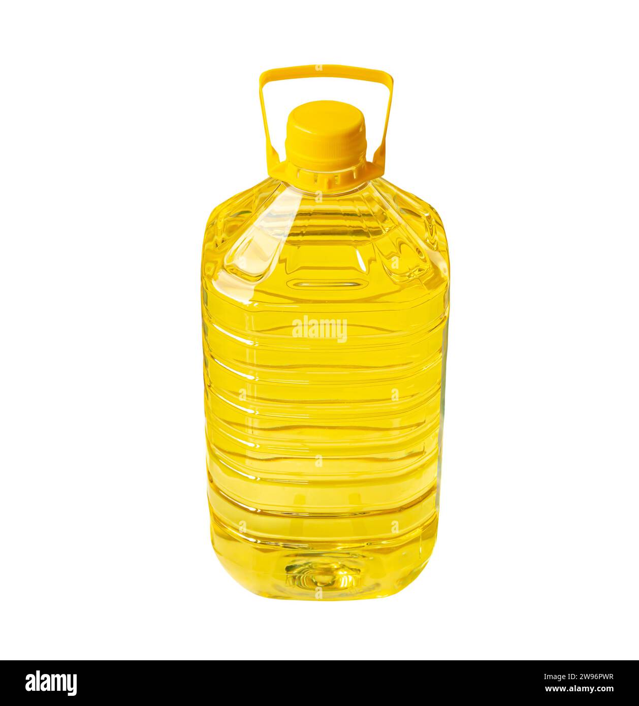 Yellow cooking oil in big plastic bottle is isolated on white ...