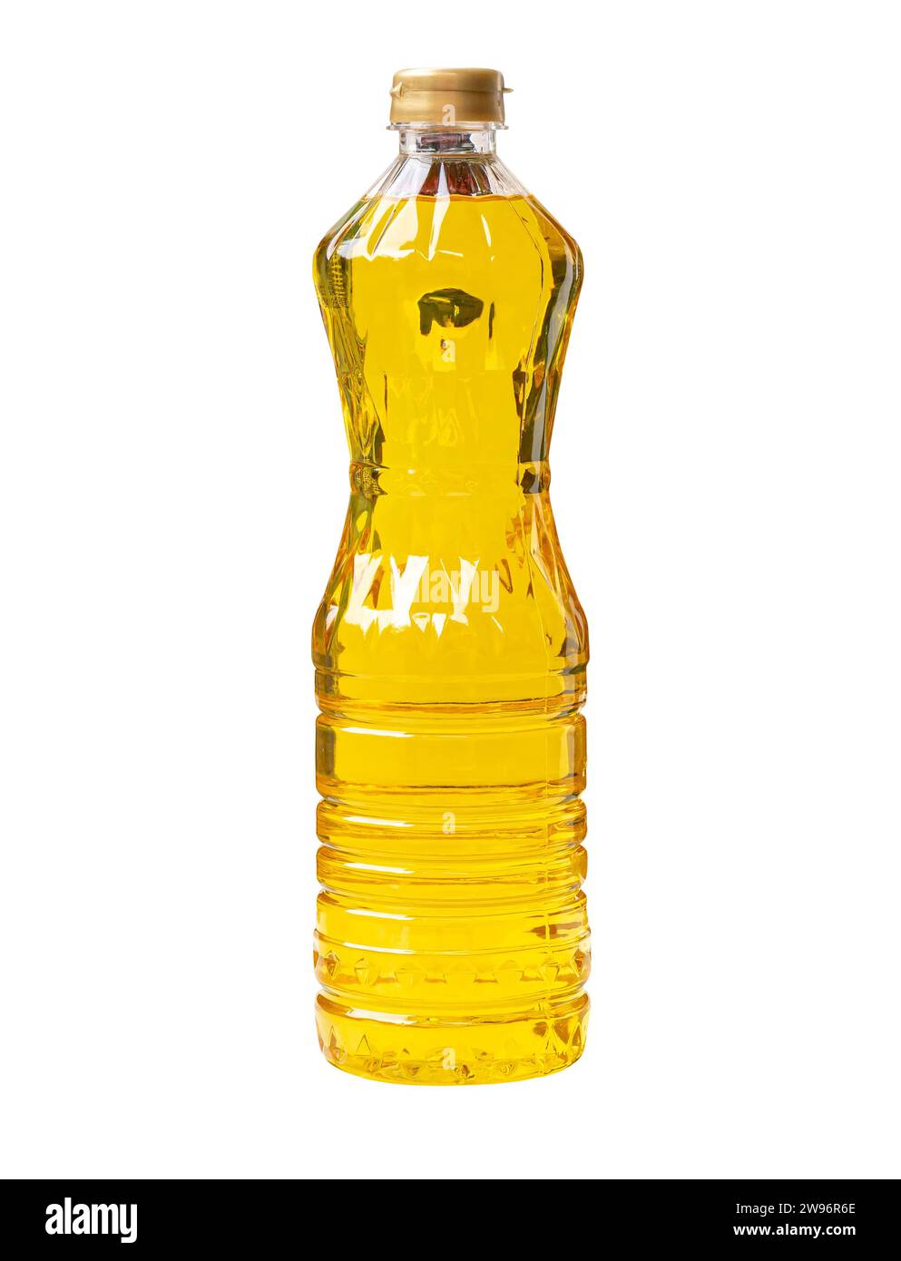 Yellow cooking oil in small plastic bottle is isolated on white ...