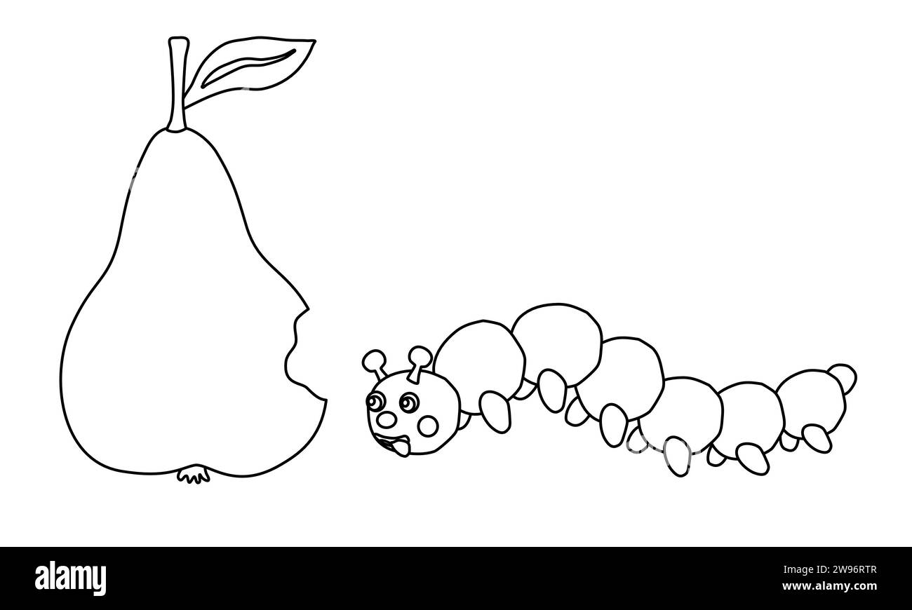 Nibbled pear and cute caterpillar, doodle style flat vector outline ...
