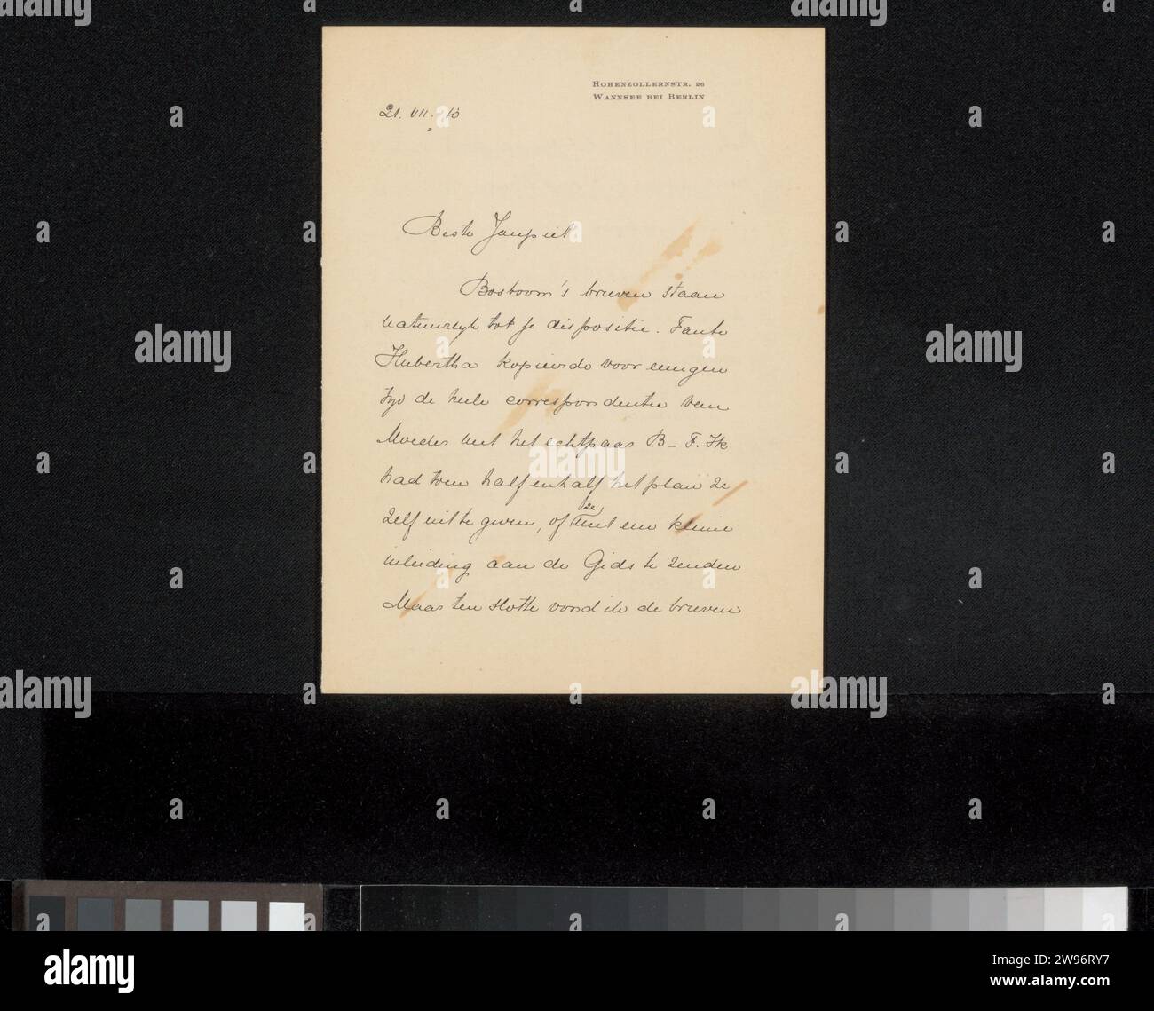 Letter to Jan Veth, André Jolles, 1910 letter Wannsee paper. ink writing (processes) / pen ...