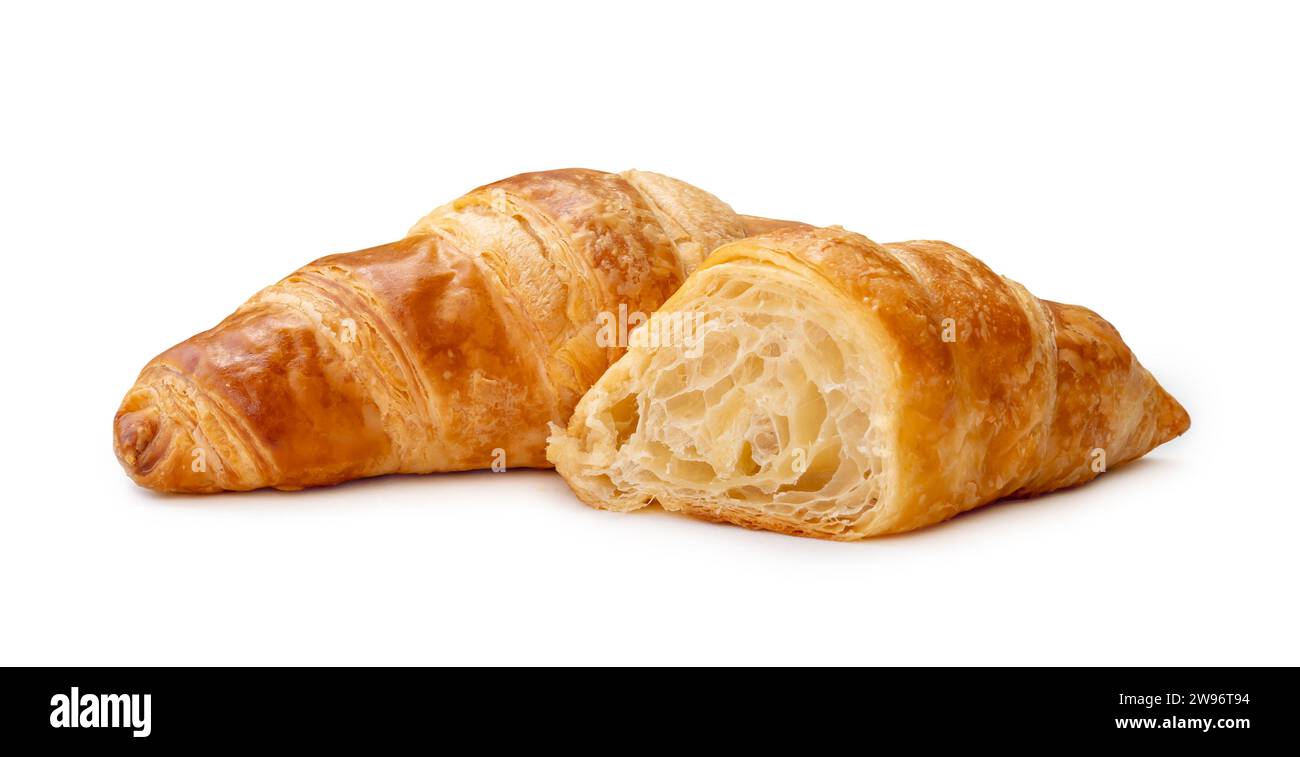 single piece of croissant with half is isolated on white background ...