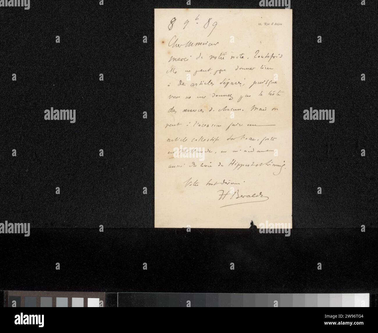 Letter to Philip Zilcken, 1889 letter Paris paper. ink writing ...