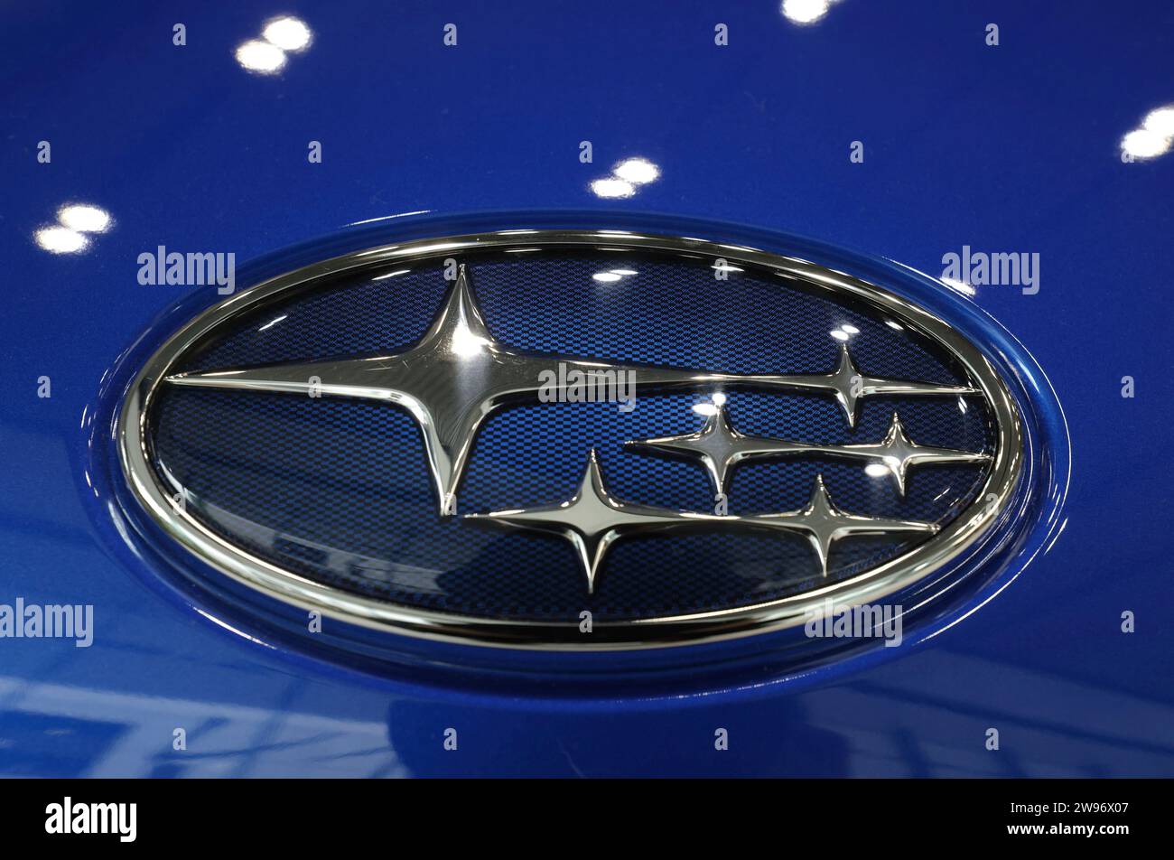 A photo shows the logo of Subaru at its headquarters in Shibuya Ward ...
