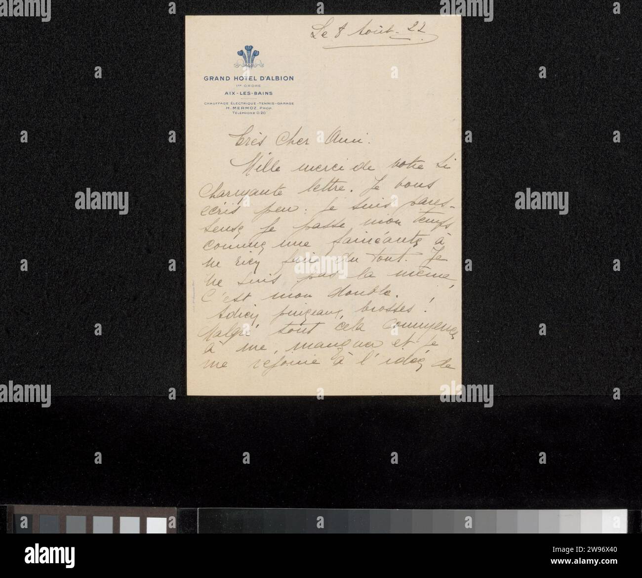 Letter to Philip Zilcken, 1922 letter Aix les Bains paper. ink writing ...