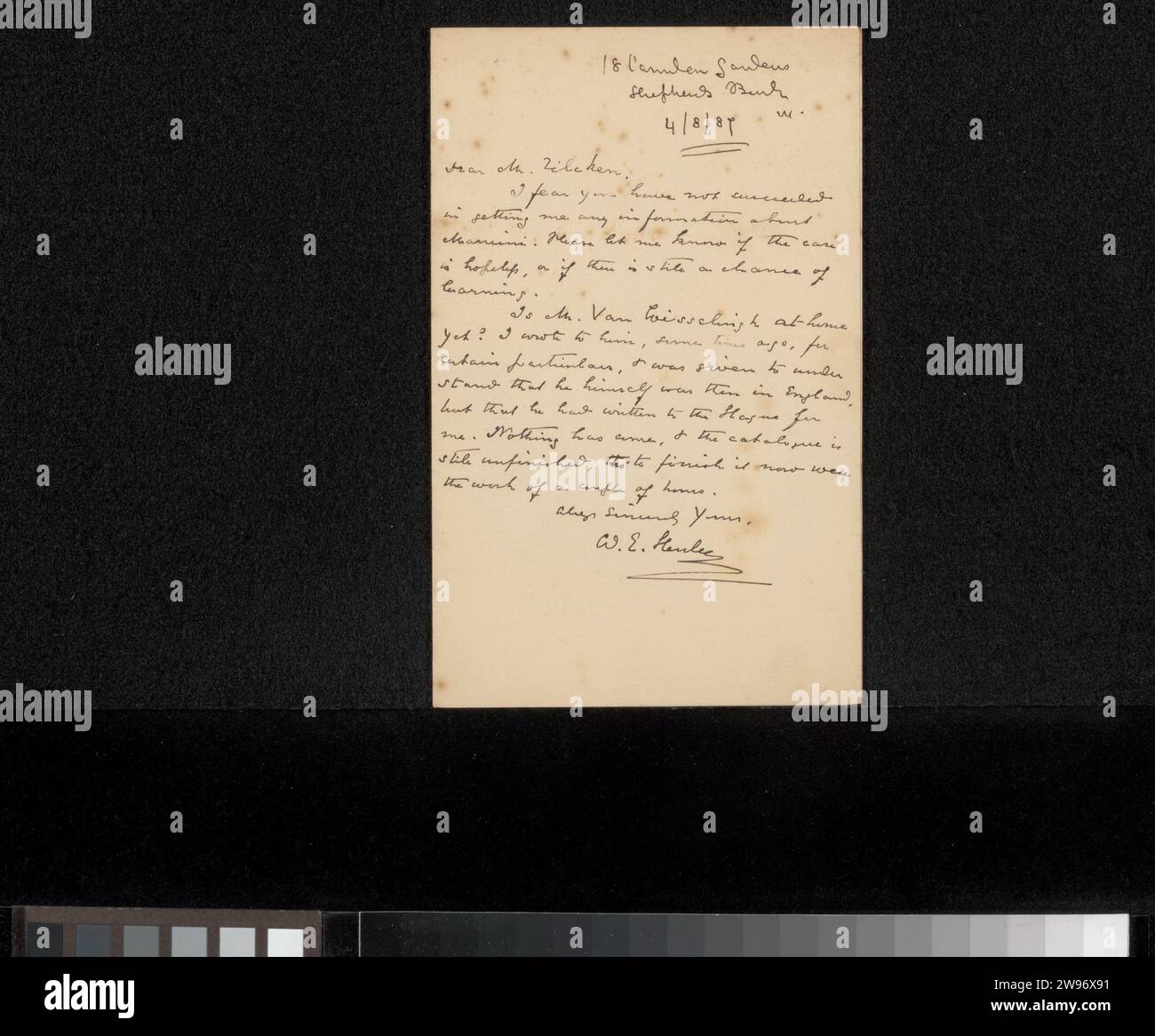 Letter to Philip Zilcken, 1887 letter Shepherd's Bush paper. ink ...