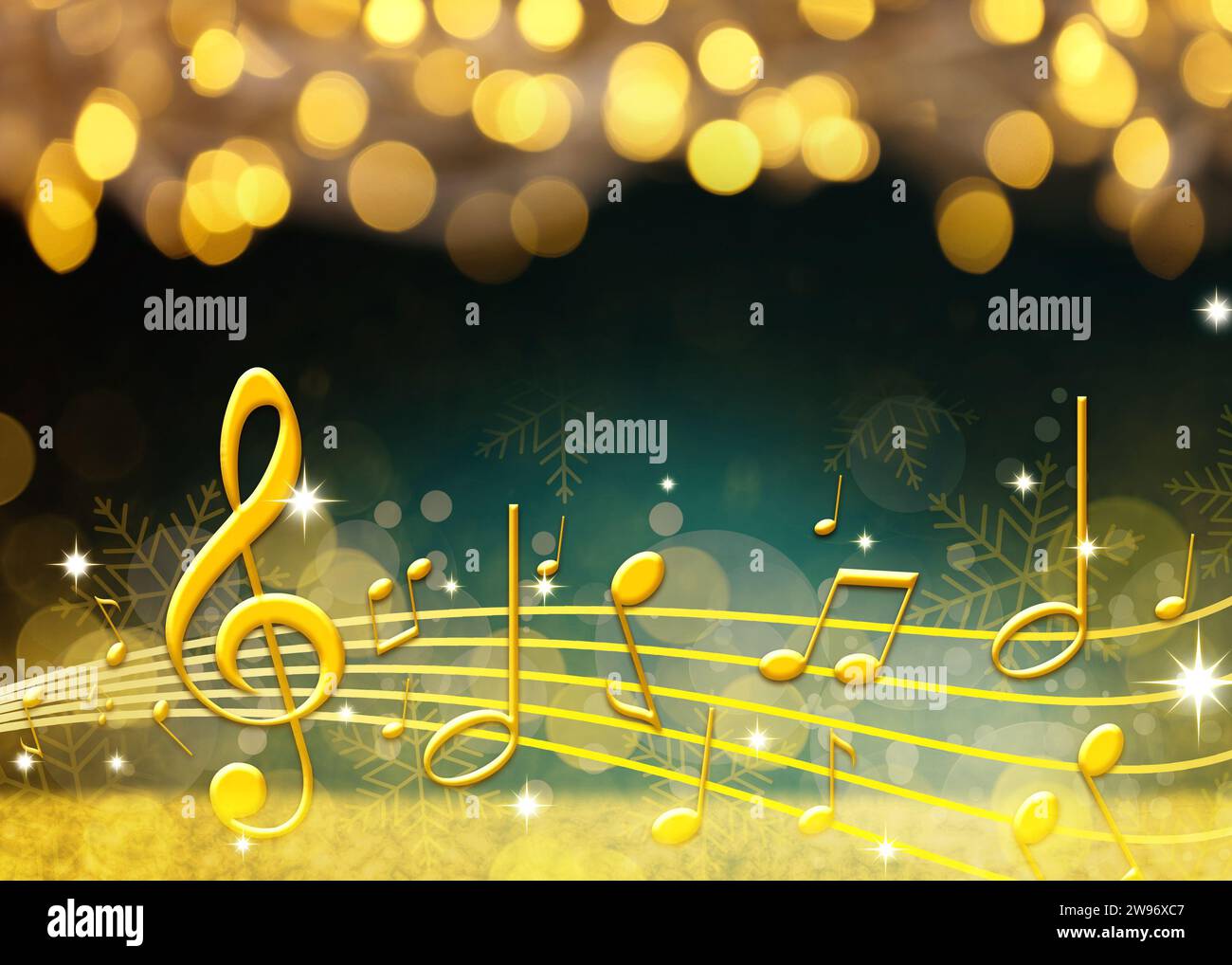 Treble clef, music notes and snowflakes against dark teal background ...