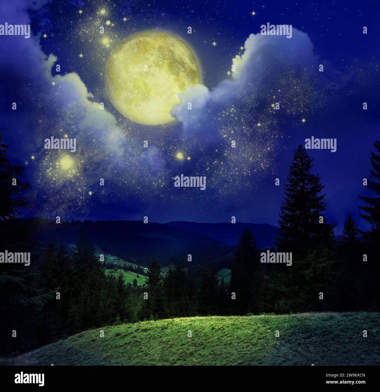 Beautiful landscape with full moon in starry sky at night Stock Photo ...