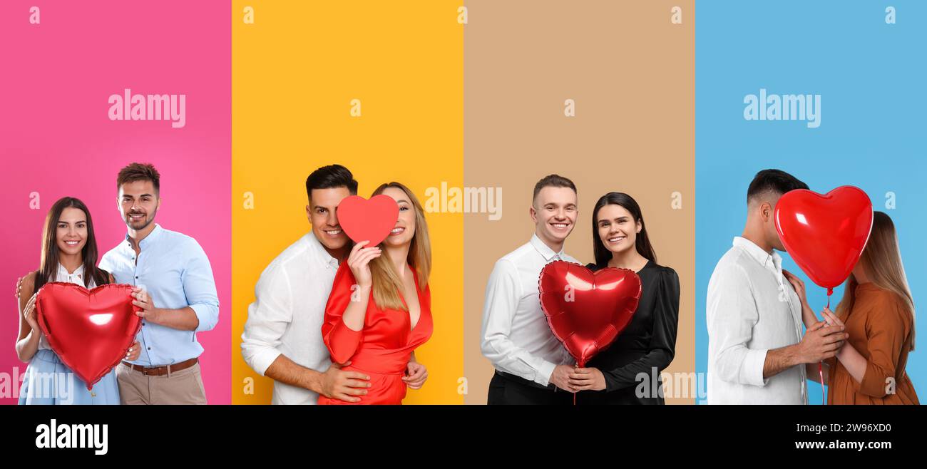 Romantic date. Different lovely couples on color backgrounds, set of ...