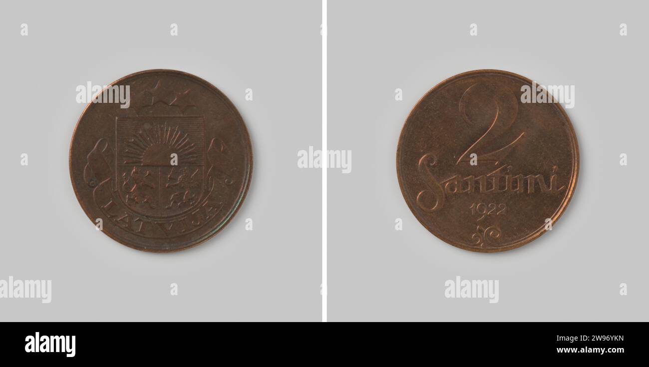 2 Santimi from Latvia, 1922 ,, 1922 coin Bronze mint. Front: inside ...