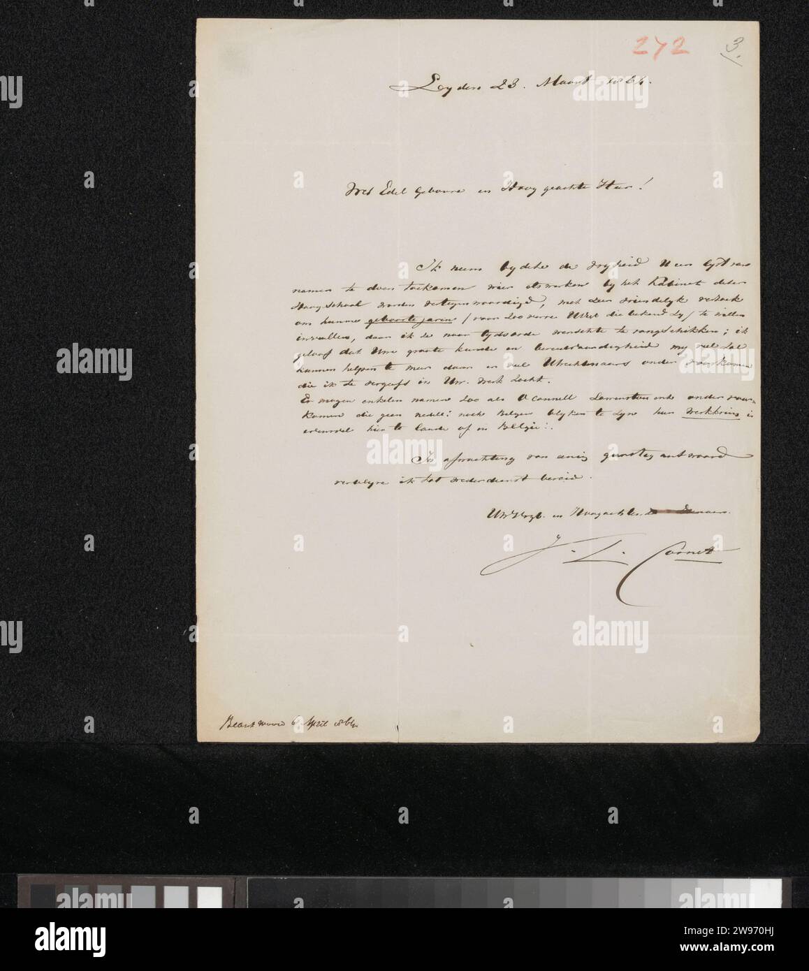 Letter to Anonymous, Jacobus Ludovicus Cornet, 1864 letter Leiden paper ...