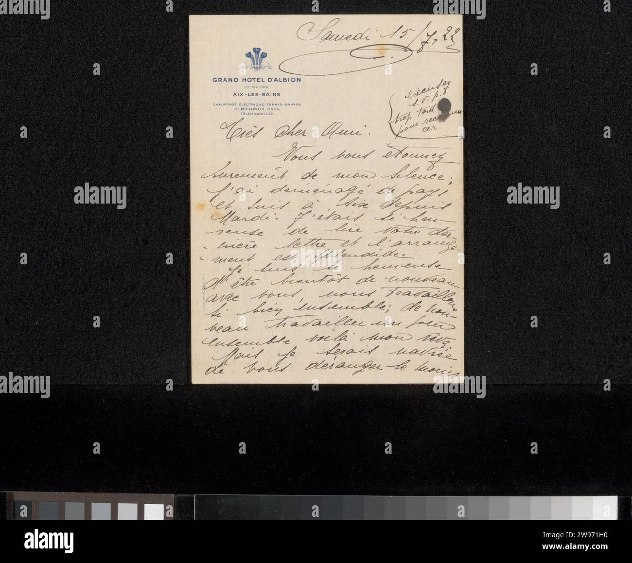 Letter to Philip Zilcken, 1922 letter Aix les Bains paper. ink writing ...