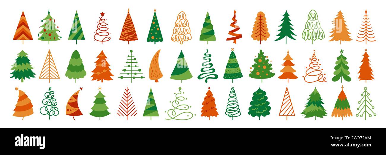 Christmas tree cartoon set. New Years and xmas traditional symbol trees ...