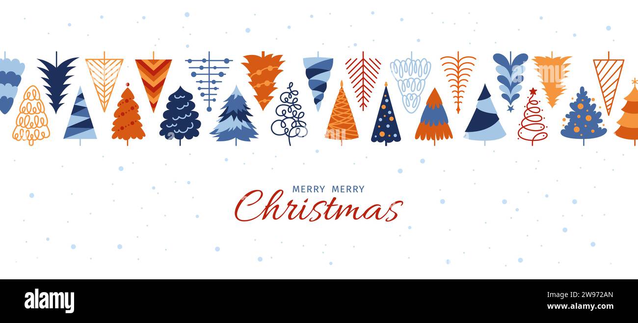Merry Christmas Happy New Year banner with trees festive border design ...