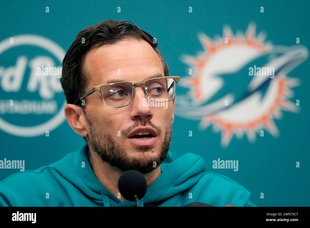 Miami Dolphins head coach Mike McDaniel speaks during a news conference after an NFL football ...