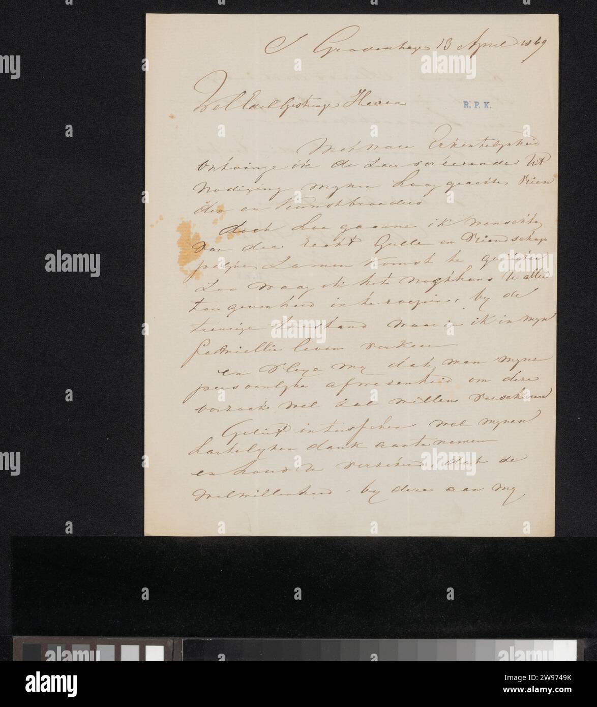 Letter to Anonymous, Jan Bedijs Tom, 1869 letter The Hague paper. ink ...
