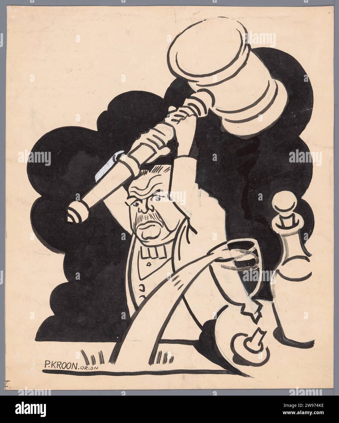 Man with chairman, Patricq Kroon, 1900 - 1935 drawing Man tilts a big ...