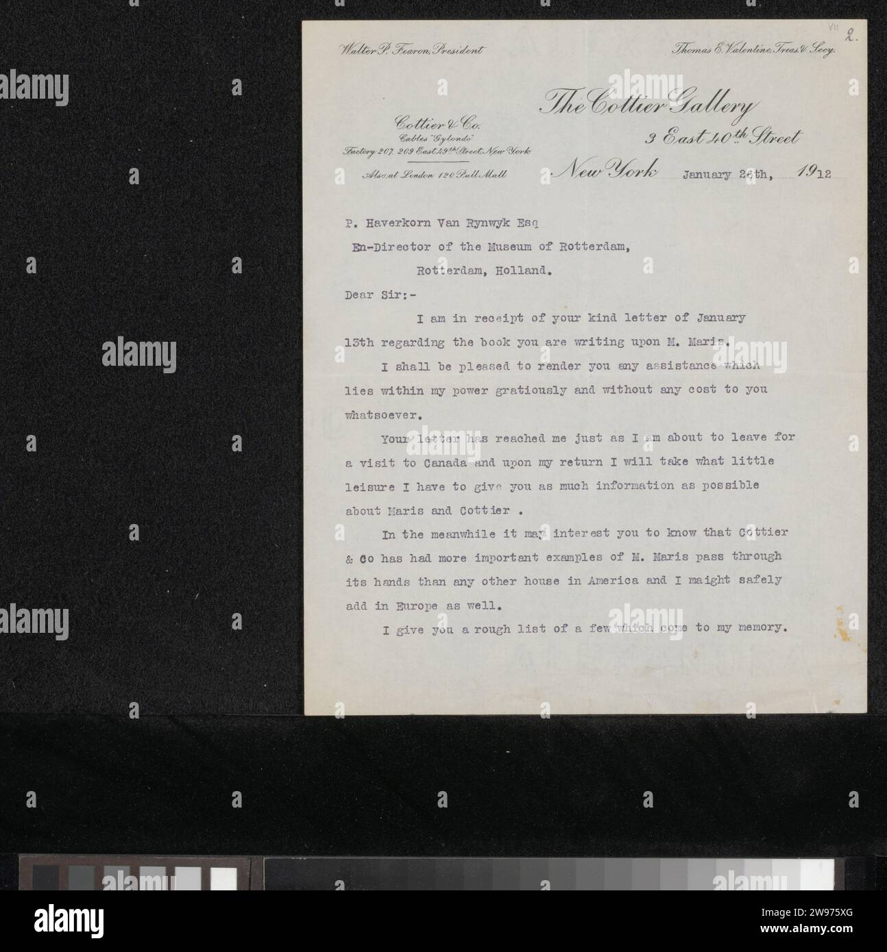 Letter to Pieter Haverkorn van Rijsewijk, Cottier & Co., 1912 letter ...
