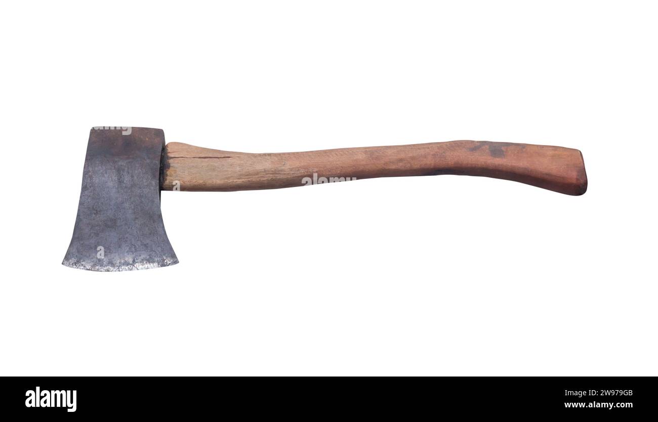 Old rust dirty dark gray axe with brown wooden handle is isolated on ...