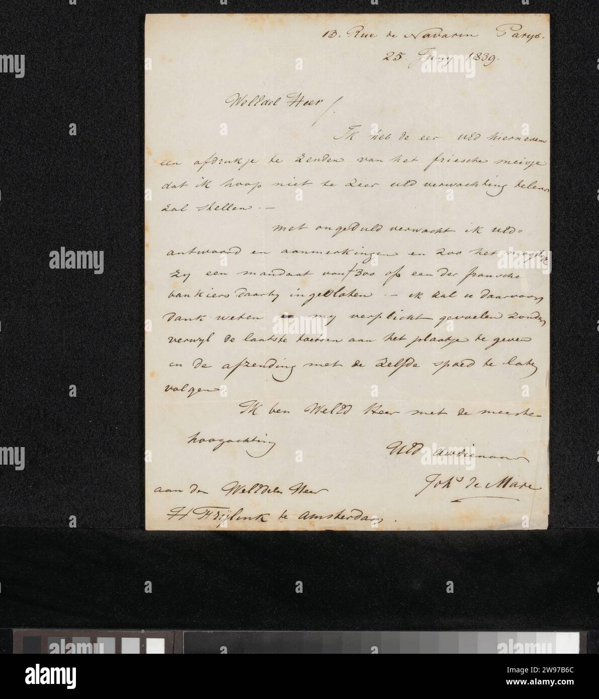 Letter to Hendrik Frijlink, Johannes de Mare, 1839 letter Paris paper ...