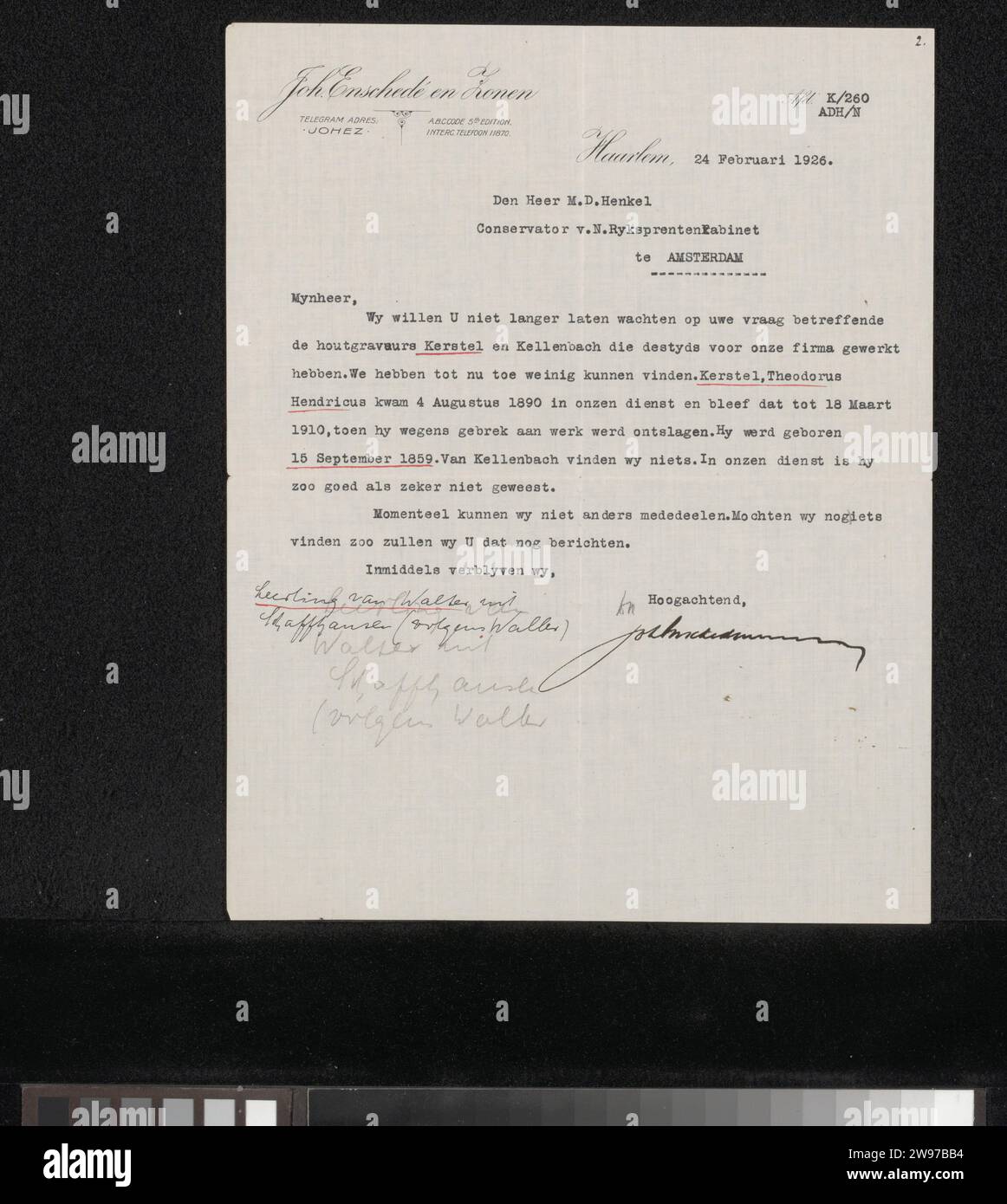 Letter to Max Dittmar Henkel, Johan Enschedé & Zn., 1926 letter Haarlem ...