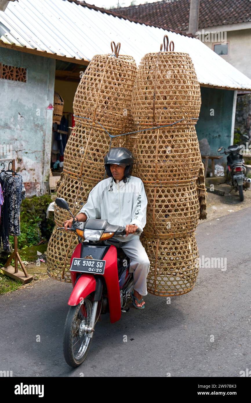 A motorcycle heavily loaded with wicker baskets is driving through the ...