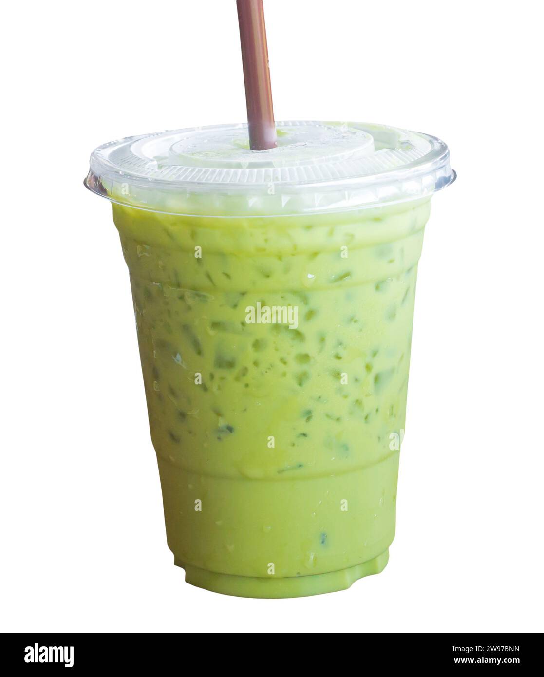 Iced matcha latte or Thai condensed milk-added green tea in transparent ...
