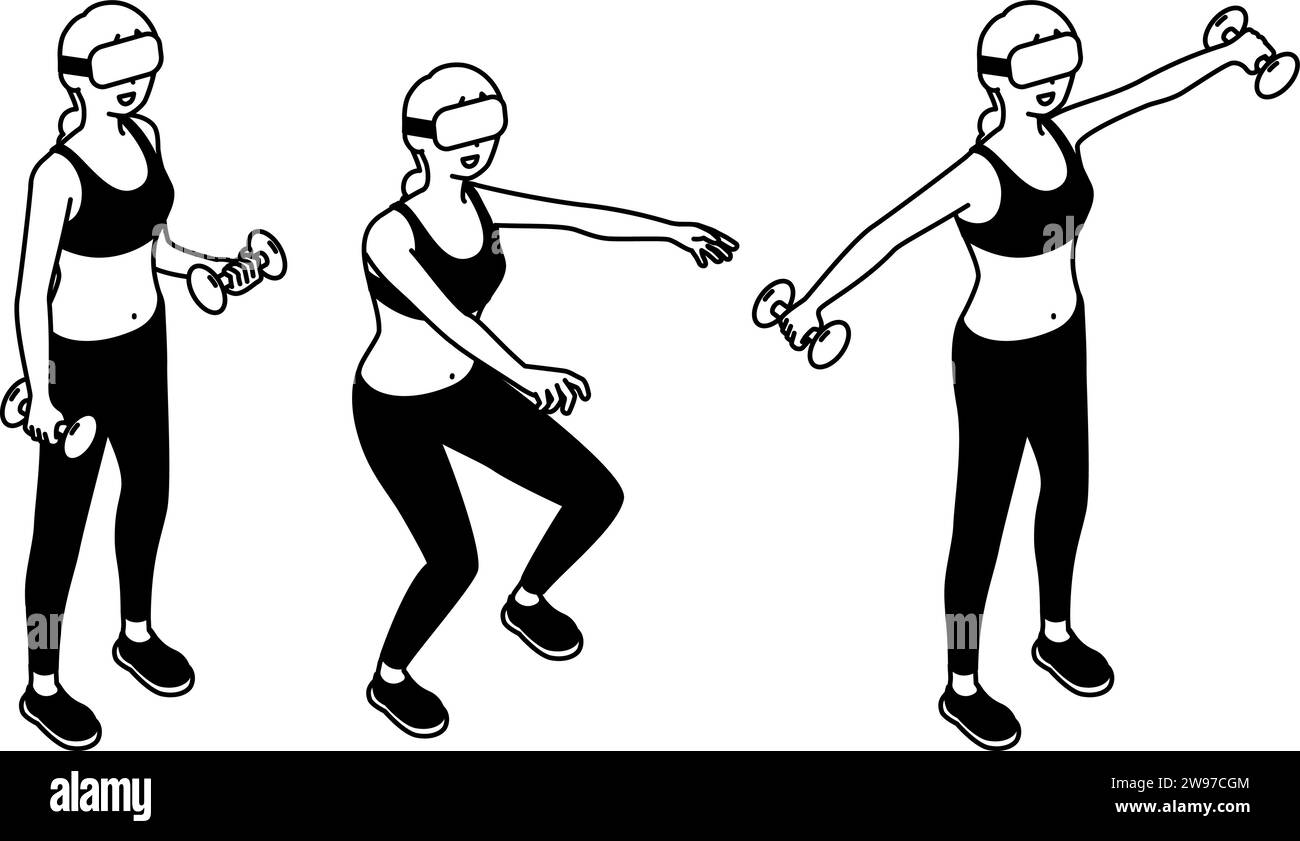 VR fitness, woman training with VR goggles, 3 sets, Vector Illustration ...
