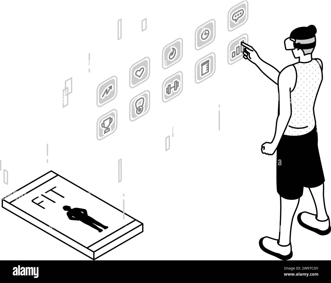 VR fitness, man wearing VR goggles and manipulating panels in the air ...