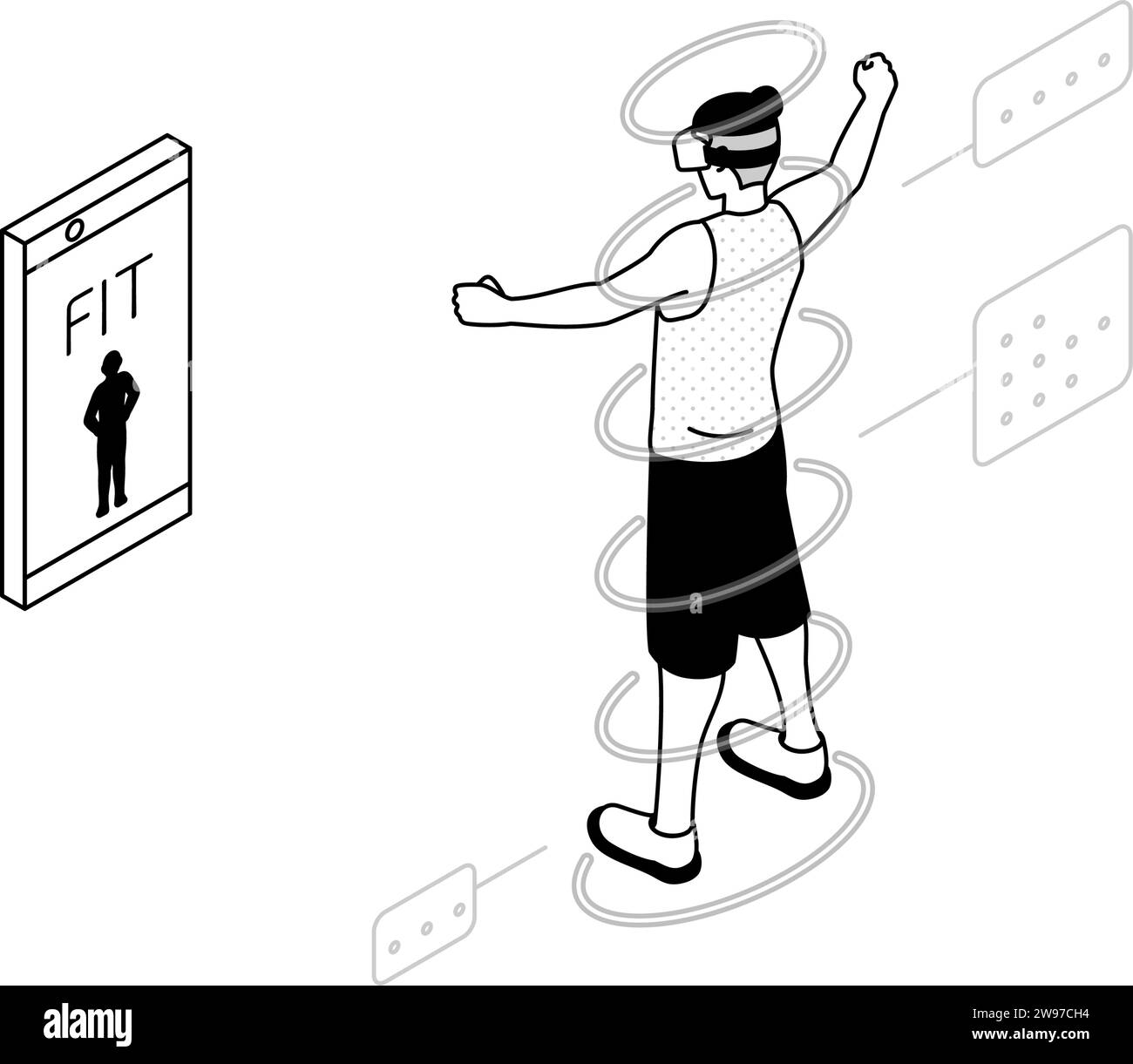 AI body shape measuring men, with VR fitness app with VR goggles on ...