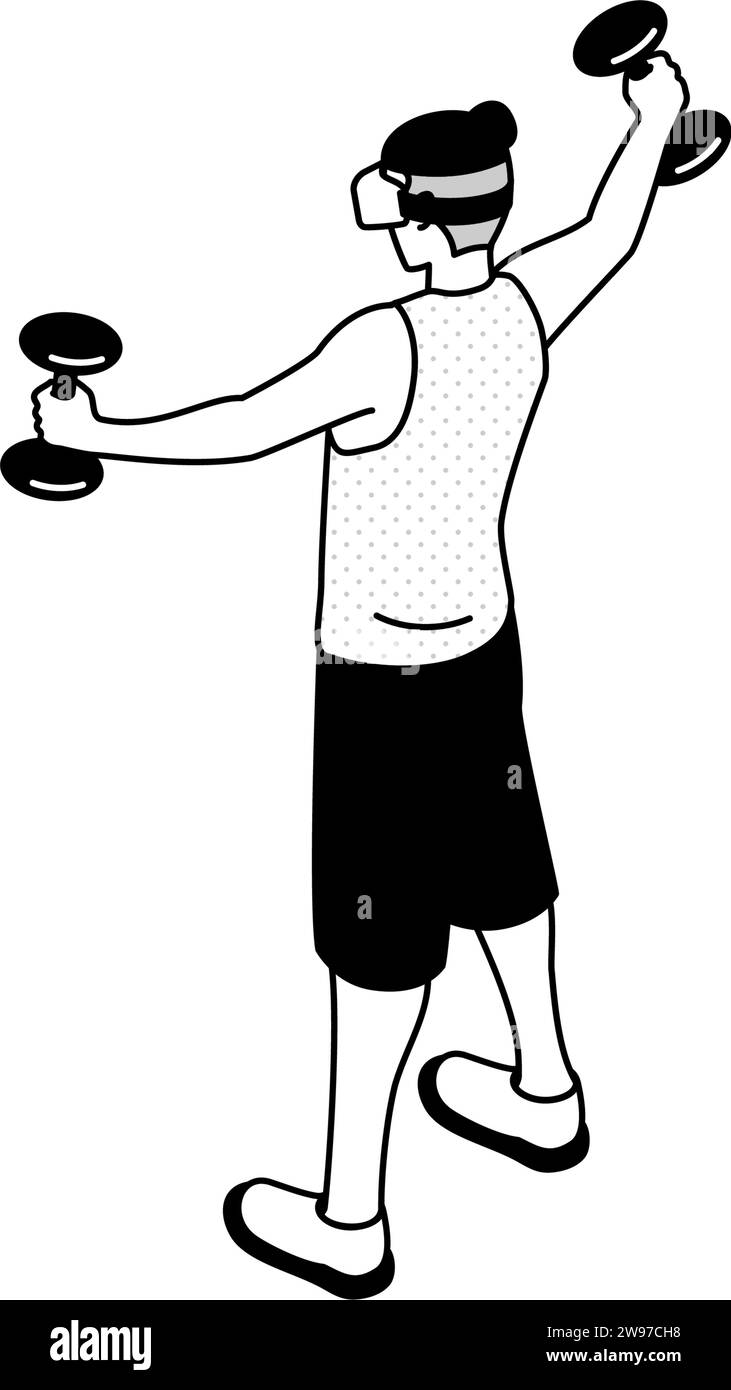 VR fitness, man wearing VR goggles doing dumbbell training, Vector ...