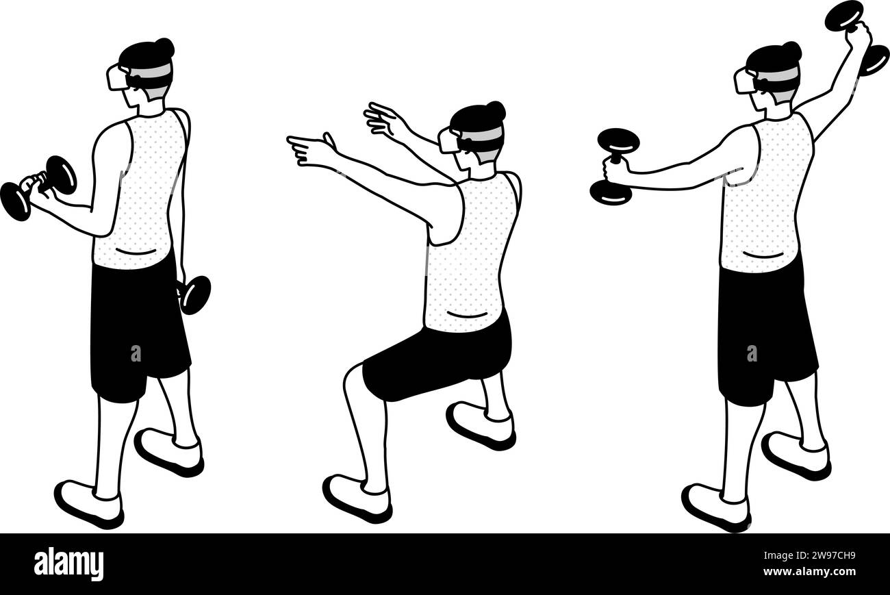 VR Fitness, man training with VR goggles, 3 sets, Vector Illustration ...