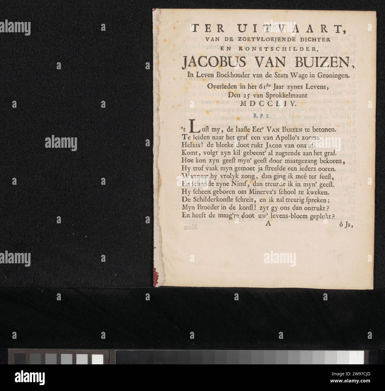 Mourning poem for Jacobus van Buizen, Jacob Bolt, 1754 poem Groningen ...