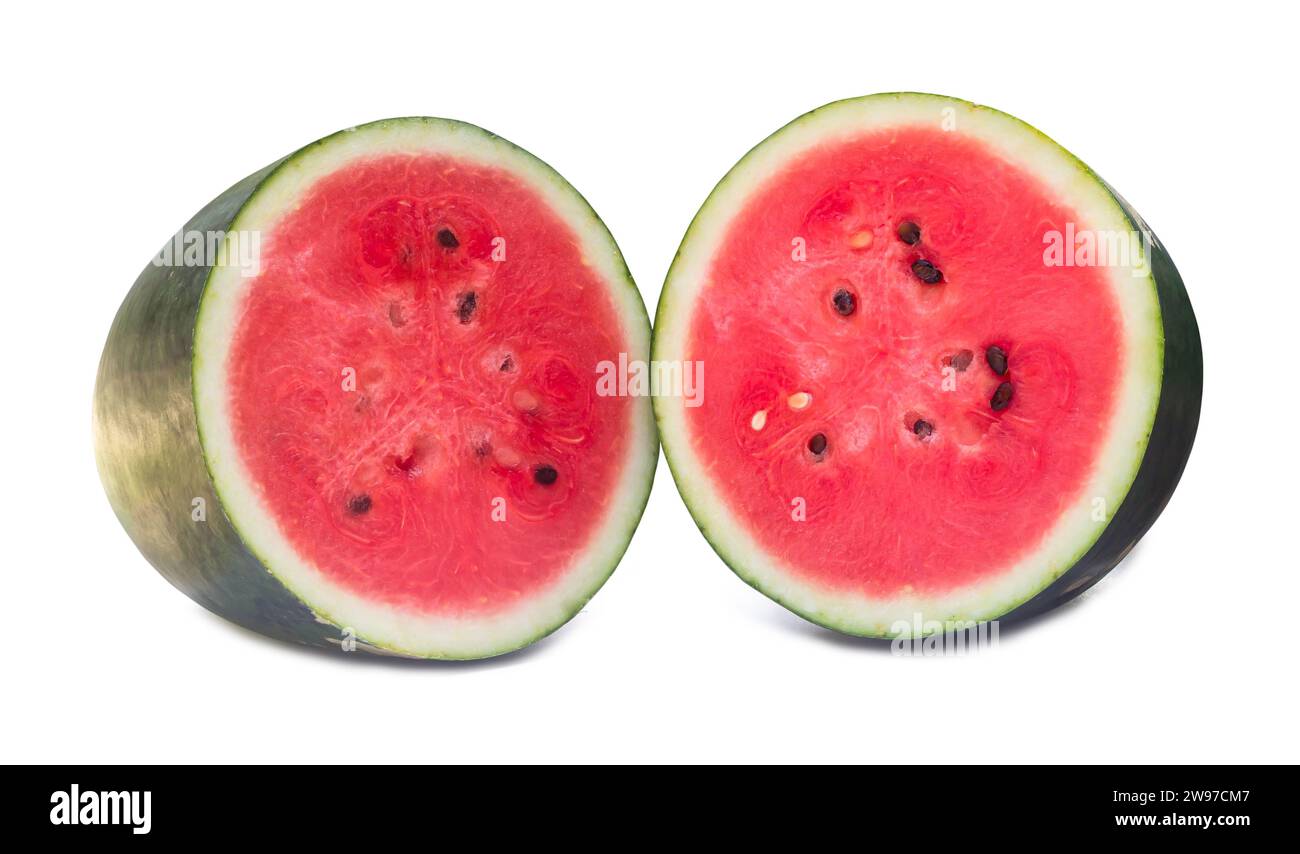 Two halves of fresh ripe red watermelon are isolated on white ...