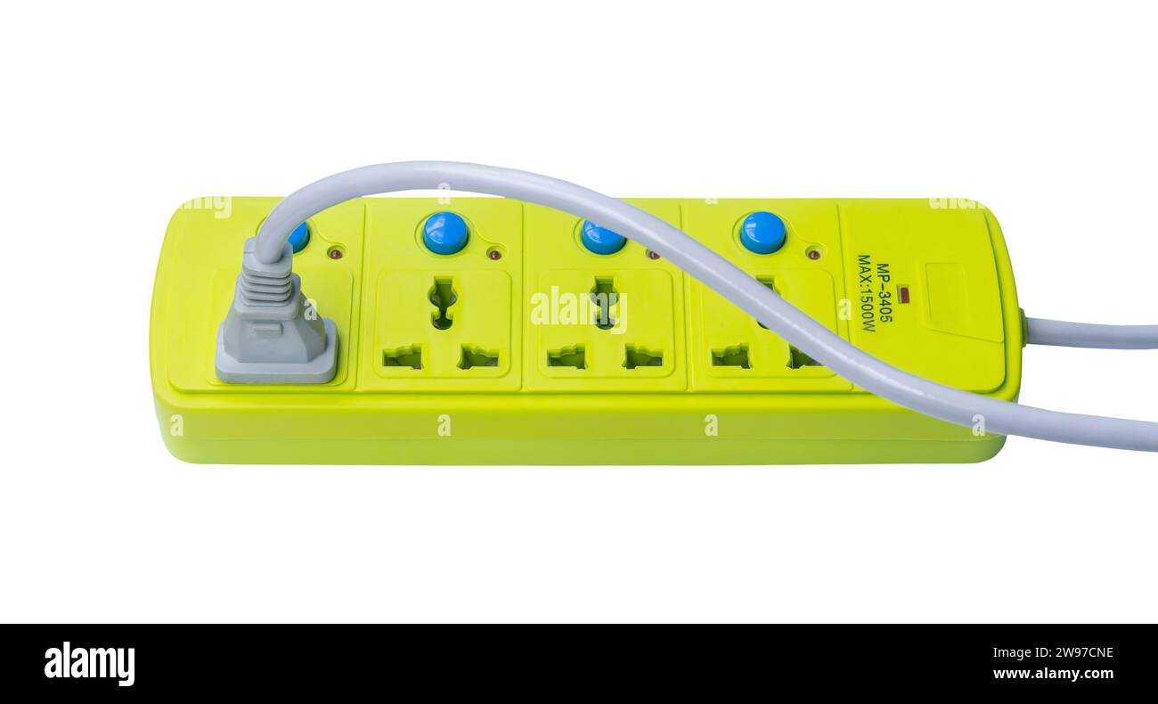 Top view of green socket and white electric power plug with line are ...