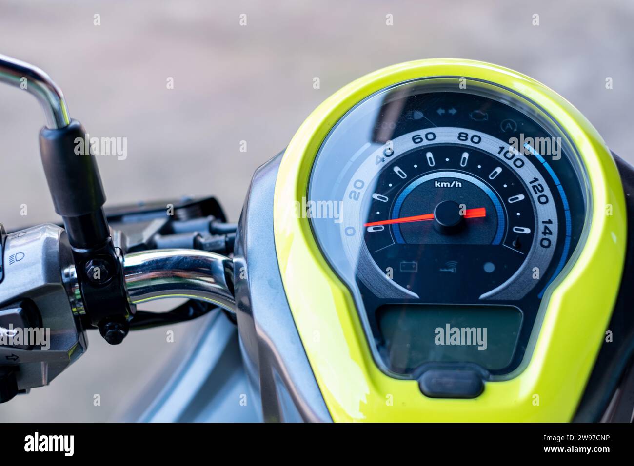 Close up photo of motorcycle dashboard or panel with speed gauge was ...
