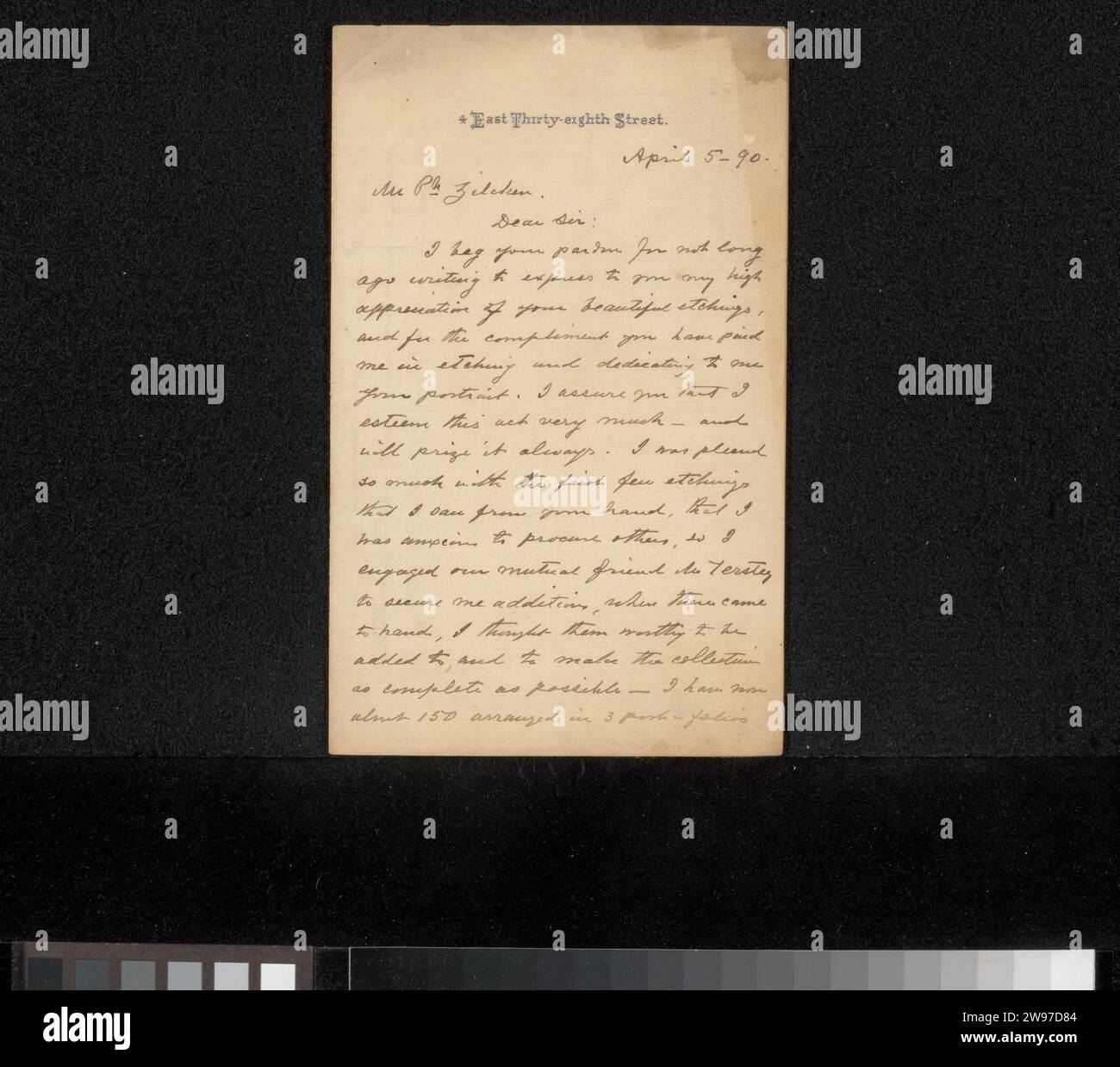 Letter to Philip Zilcken, 1890 letter New York (city) paper. ink ...