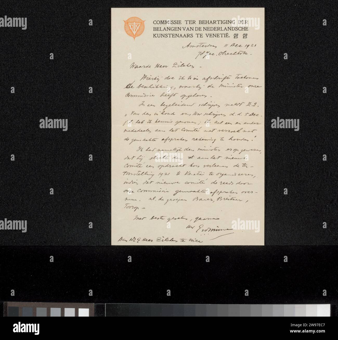 Letter to Philip Zilcken, committee for the representation of the ...