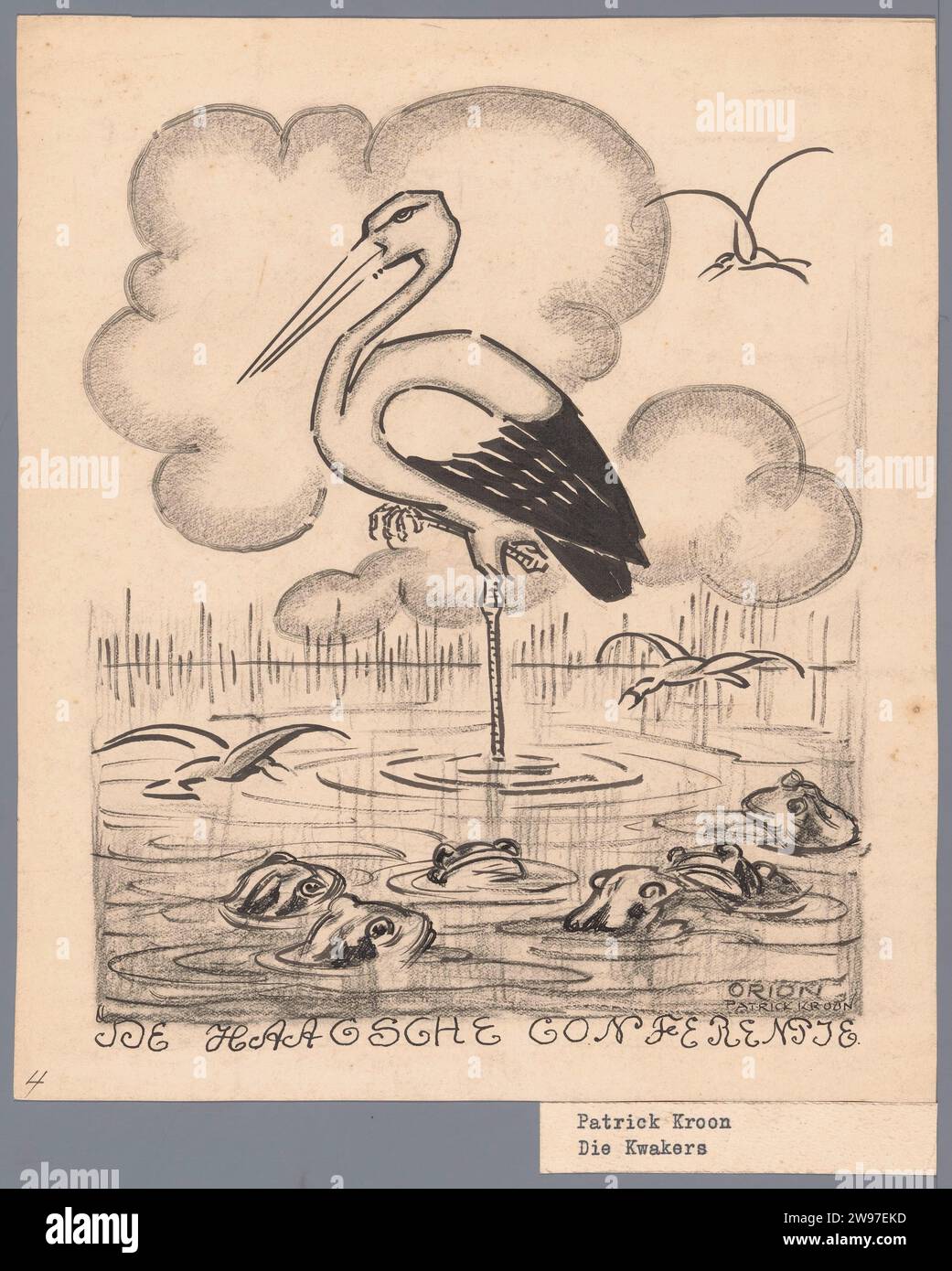 Stork between Frogers, Patricq Kroon, 1900 - 1935 drawing A stork ...