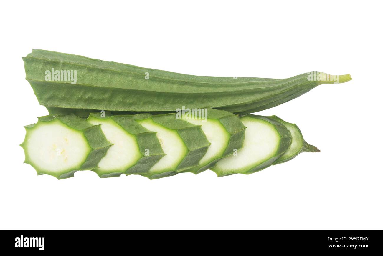 fresh green sponge gourd fruit with slices is isolated on white ...