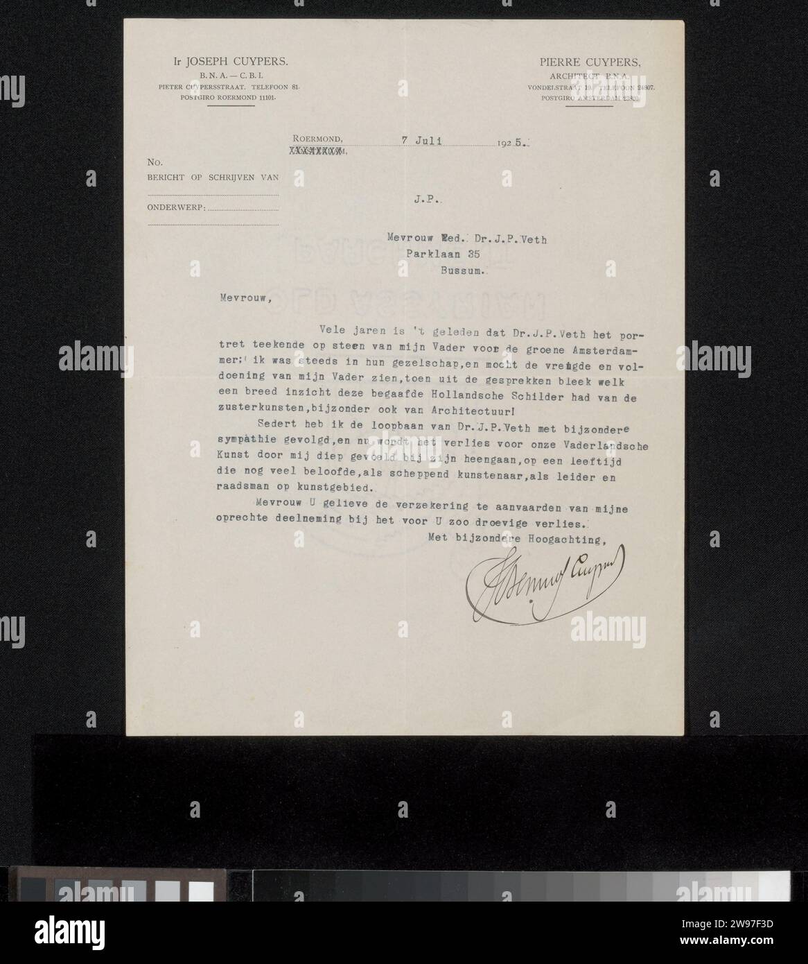 Letter to Anna Dorothea Dirks, Joseph Theodorus Johannes Cuypers, 1925 ...