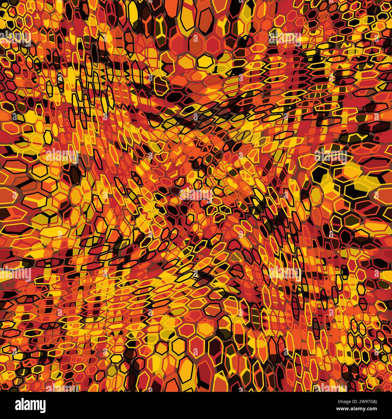 Orange and red halftones hexagon snake skin. Seamless geometric vector ...