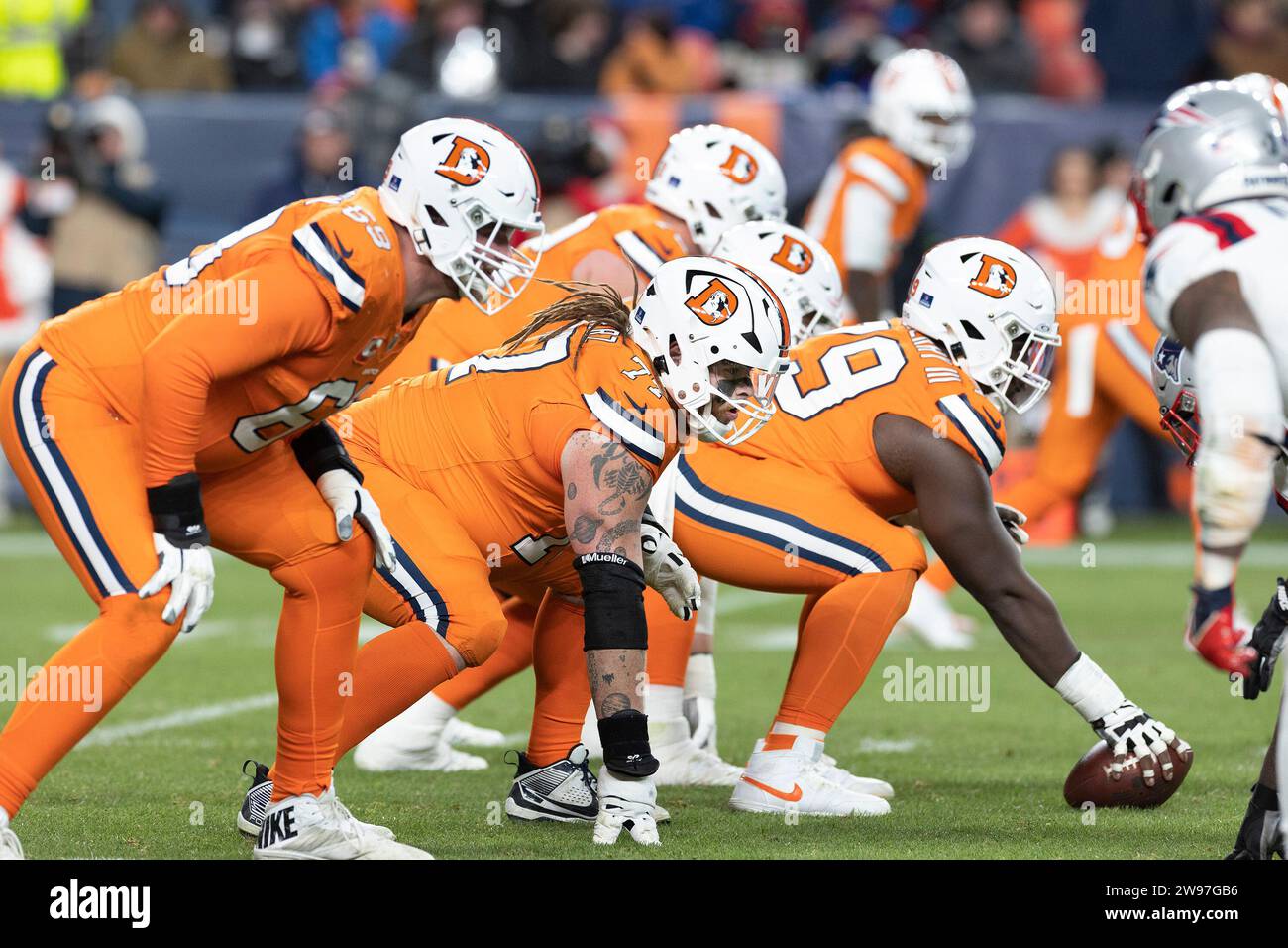 Denver, Colorado, USA. 24th Dec, 2023. The Broncos Offensive Line lines ...