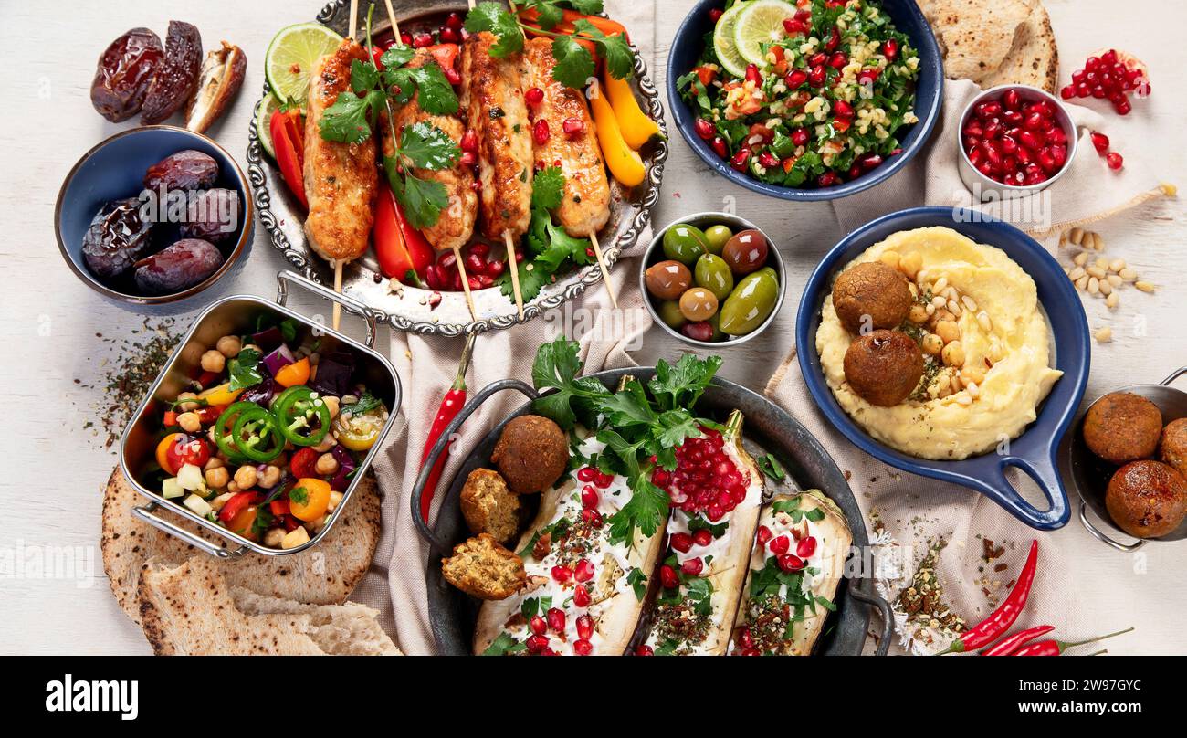 Middle eastern or Arabic dishes on light background. Tasty traditional ...