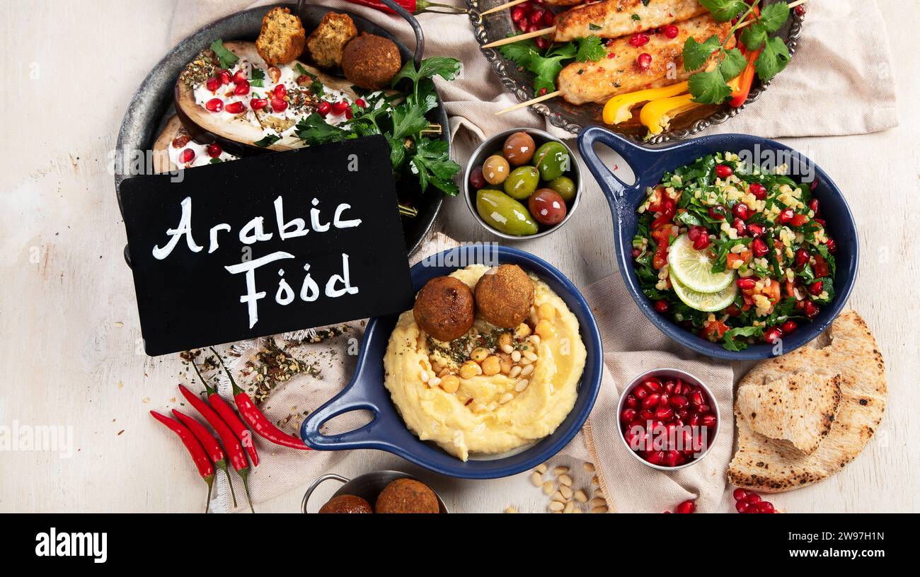 Middle eastern or Arabic dishes on light background. Tasty traditional ...