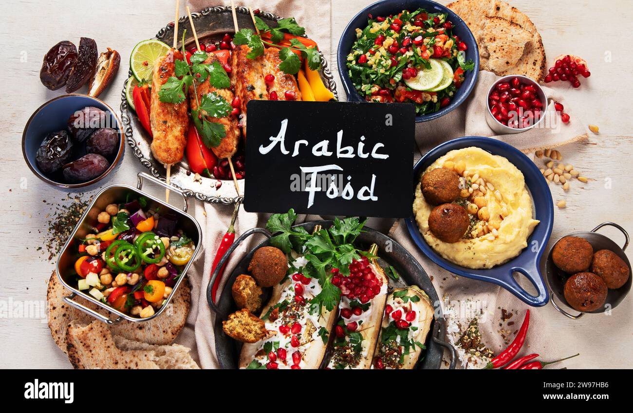Middle eastern or Arabic dishes on light background. Tasty traditional ...