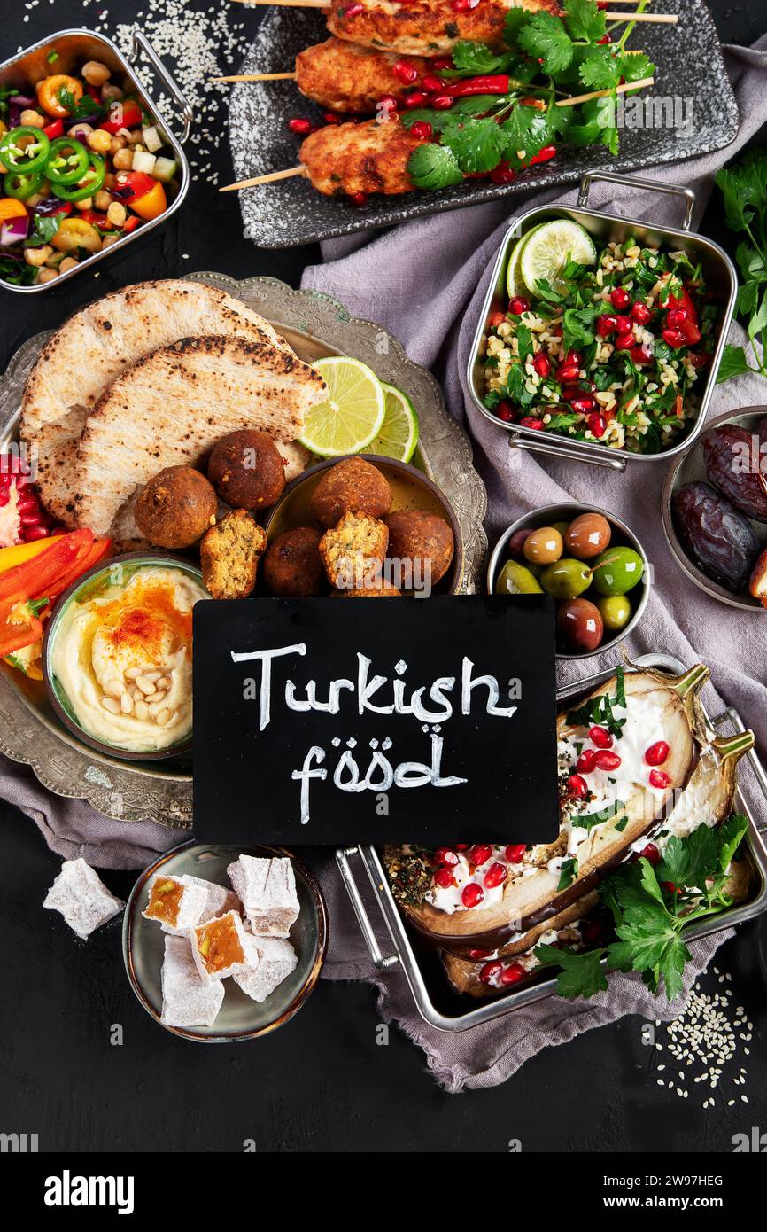 Middle eastern or Arabic different dishes on black background. Tasty ...