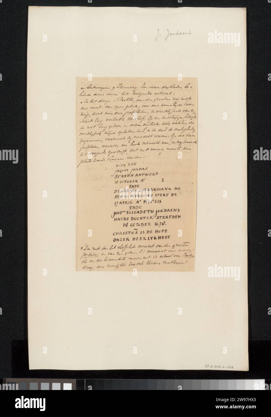 Handwriting concerning Jacques Jordaens, Anonymous, in or after 1844 ...