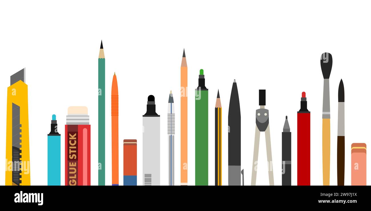 Pencils and stationery. Horizontal seamless composition. Isolated on ...